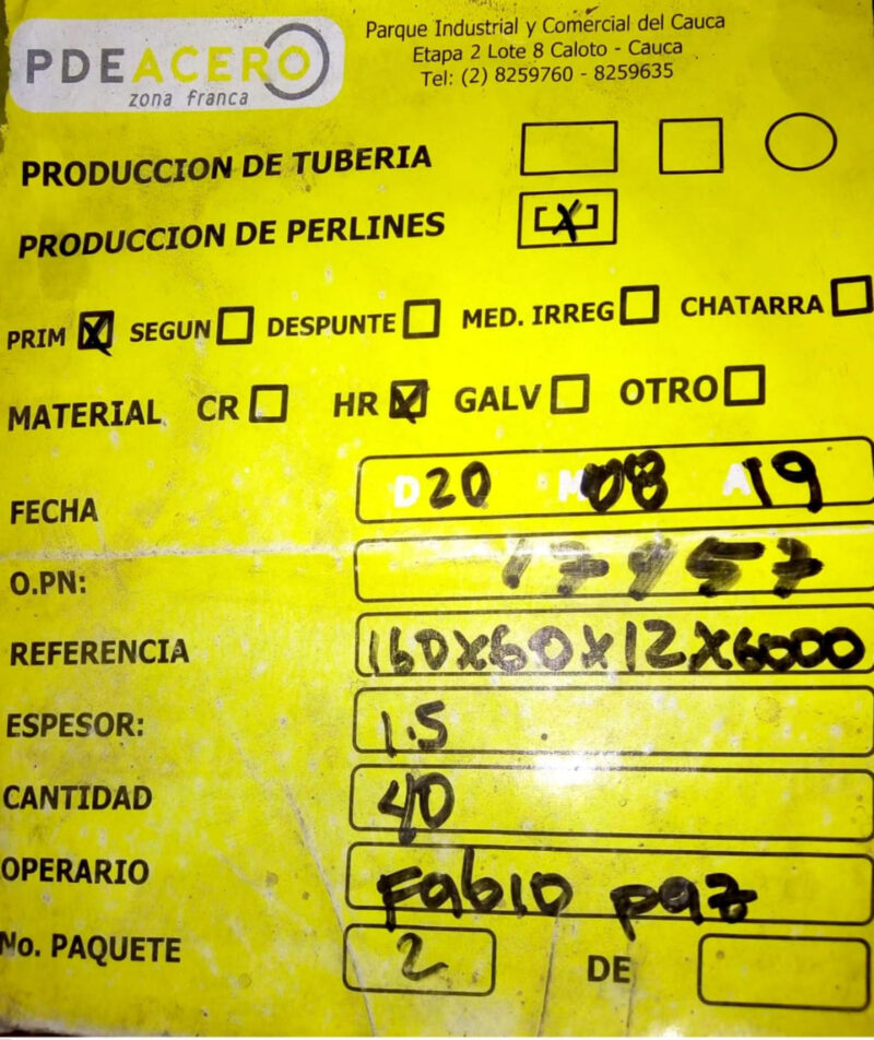 Perlin 150 X 50 X 6m X 1.5mm X 6m (Cal 16) – Cod 3021 – Cementos cauca